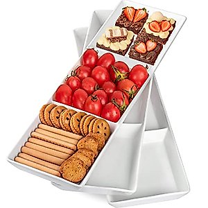 DELLING 16" x 5" Ceramic 3-Section Stackable Serving Tray, Serving Platter Set of 3, 3 Compartment Appetizer Serving Tray, White Divided Serving Dishes, Snack, Food, Dessert Platters