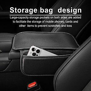 Amiss Auto Center Console Pad, Carbon Fiber PU Leather Armrest Storage Box Cover with Pockets Storage Bag, Car Interior Accessories, Universal Car Armrest Cushion for Most Vehicle, SUV, Truck (Black)
