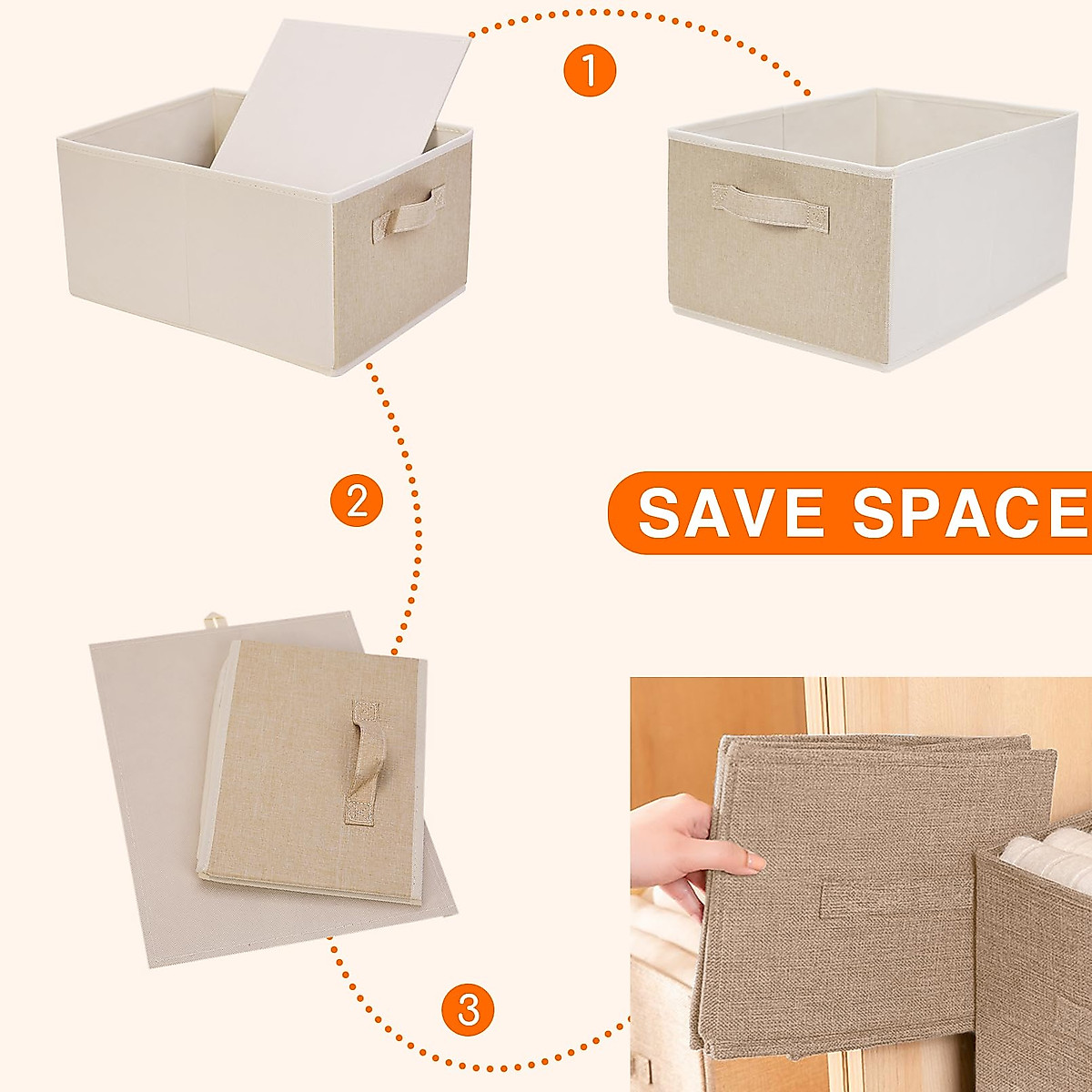 JAKAGO Fabric Storage Bins set of 4 Storage Baskets with Handle Foldable Closet Organizer for Clothes Towel Toys Books Collapsible Clothing Container for Shelves Bedroom Playroom (High-Beige)