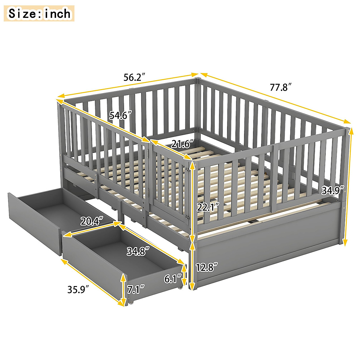 Harper & Bright Designs Kids Full Size Bed with Storage Drawers and Rails Fence, Wood Daybed Frame Montessori Bed for Girls Boys, Can Split into Independent Floor Bed & Daybed, Gray