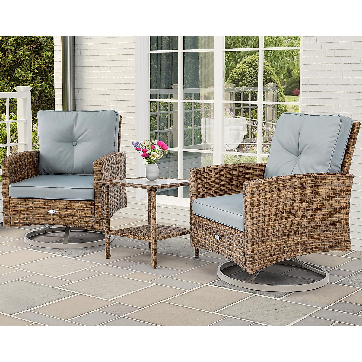 YITAHOME 3 Pieces Patio Furniture Outdoor Rocking Chair Bistro Set, Wicker Rocking Conversation Chairs with Cushions and Side Table for Garden, Backyard and Balcony, Tan Chairs and Dark Gray Cushions