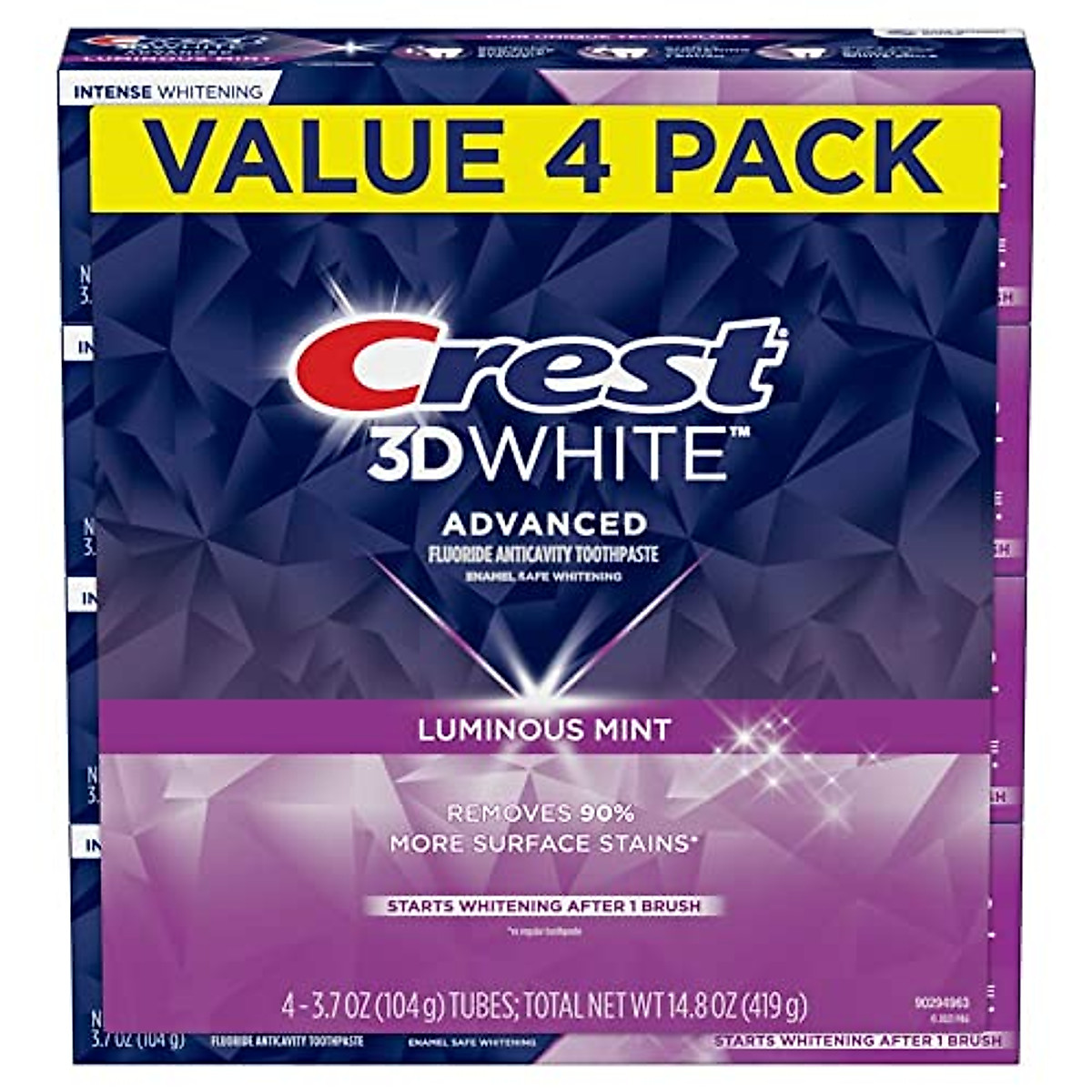 Crest 3D White Toothpaste, Advanced Luminous Mint, Teeth Whitening Toothpaste, 3.7 Oz (Pack of 4)