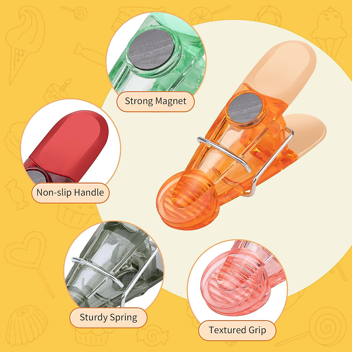 VNDUEEY Chip Clips, 12 Pack Magnetic Bag Clips, Strong Grip Food Clips Magnetic Chip Clips, Bag Clips for Food Packages, Snack Sealing Clips for Kitchen and Office - Multicolor