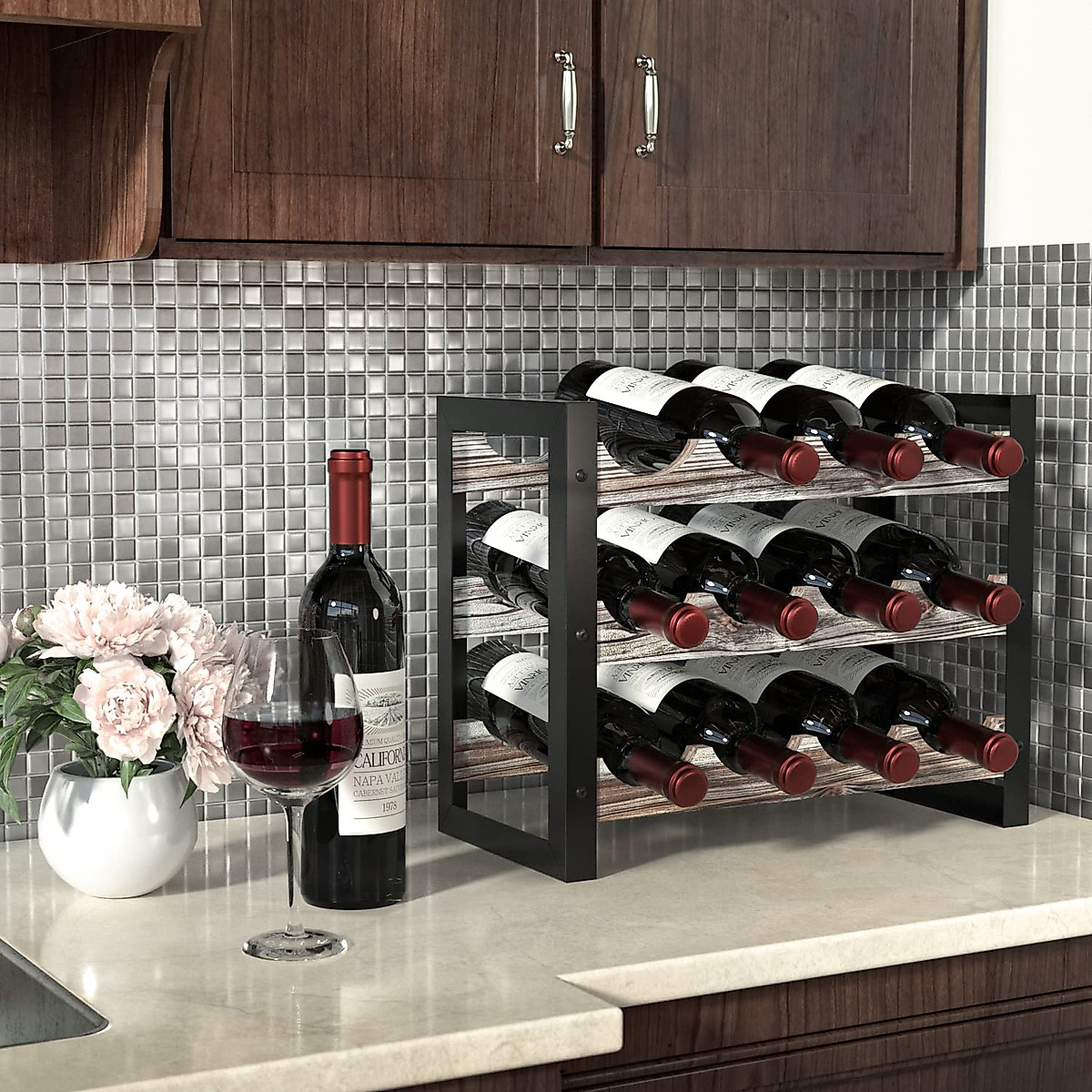 JACKCUBE Design Wine Rack Freestanding Floor 3 Tier Stackable 12 Wine Bottle Holder Storage Racks Countertop, Liquor Shelf Stand (Rustic Wood and Black Metal Frame)- MK521A