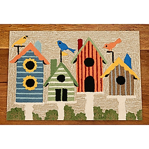 Liora Manne FTP34144144 Frontporch Garden Blue Bird's Home Birdhouses Indoor/Outdoor Rug 2'6" X 4' Ivory and Cream