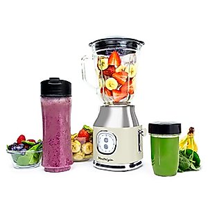 Classic Retro Electric Pulse Blender, 1 Liter Glass Pitcher, Includes Tritan Personal Travel Bottle With Lid And Storage Container, High Power 300 Watts Crushes And Pulverizes Ice Cubes