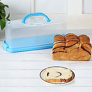 Agyvvt Portable Bread Box with Handle Loaf Cake Container Plastic Rectangular Food Storage Keeper Carrier 13inch Translucent Dome for Pastries, Bagels, Bread Rolls, Buns or Baguettes (Blue)