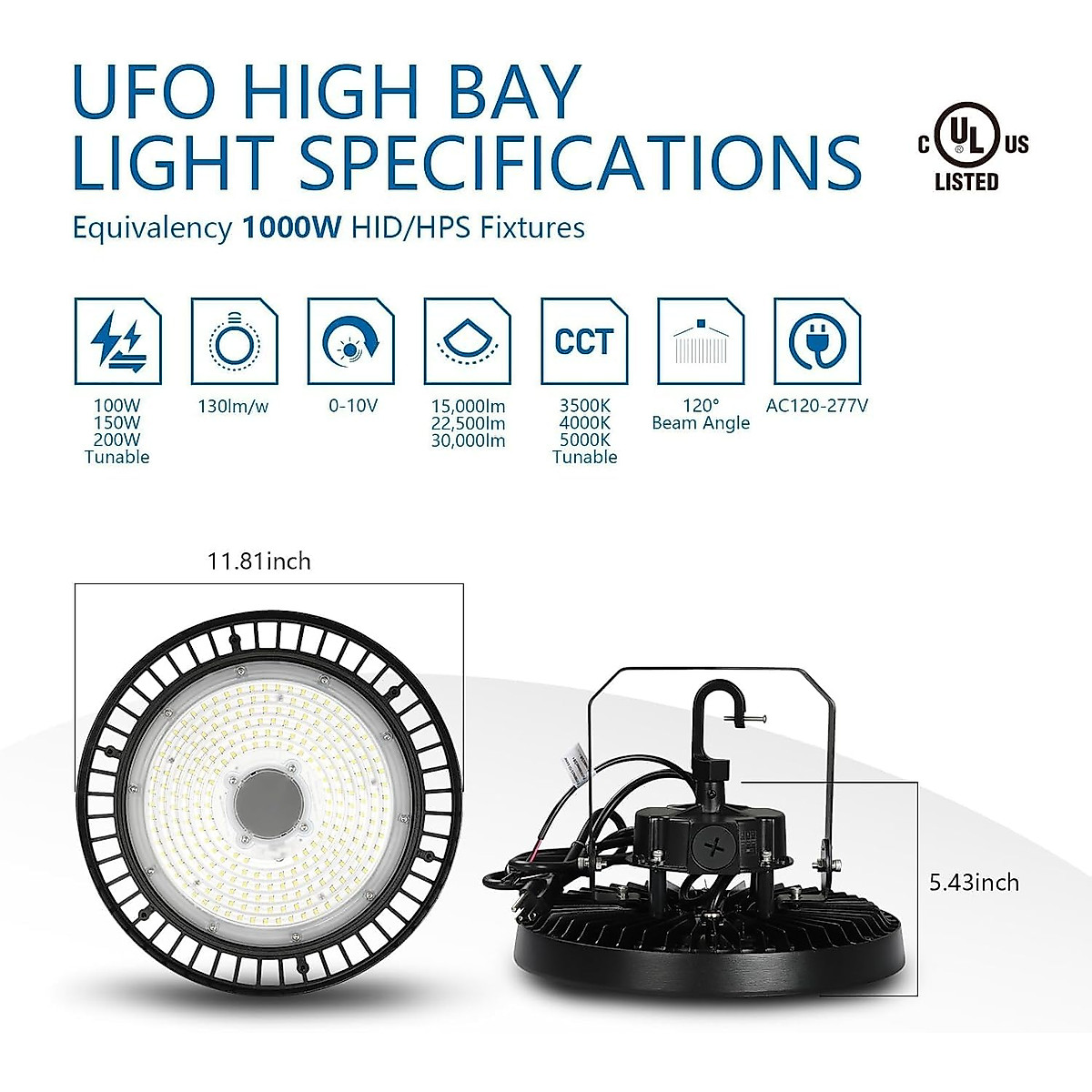 Sokply UFO LED Warehouse Light High Bay Dimmable 0-10V with US Plug 4Ft Cable, 200W (Eqv.1000W MH/HPS), 5000K, lP65 Commercial Area Lighting Fixture for Warehouse Workshop Garage Barn, UL Listed