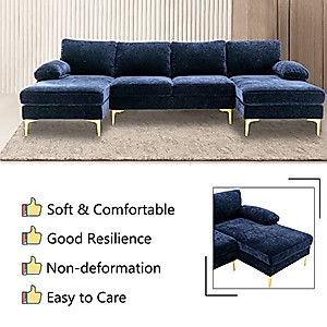 RXRRXY Accent U Shaped Sectional Sofa Couch Set with Two Pillows, Double Addition Wide Chaise Lounge Couch with Metal Legs for Living Room and Apartment (Navy)