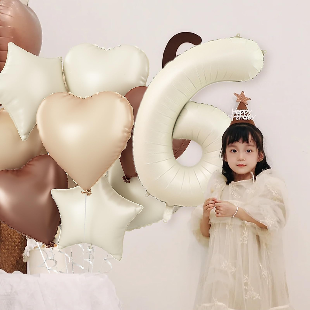 40 Inch Cream 1 Balloon Decor, Beige Tan Brown Heart Balloons, Foil Neutral Nude Sand White Helium Star Number 1 Balloons for Girls 1st Birthday Anniversary Baby Shower Party Boho Decoration Supplies