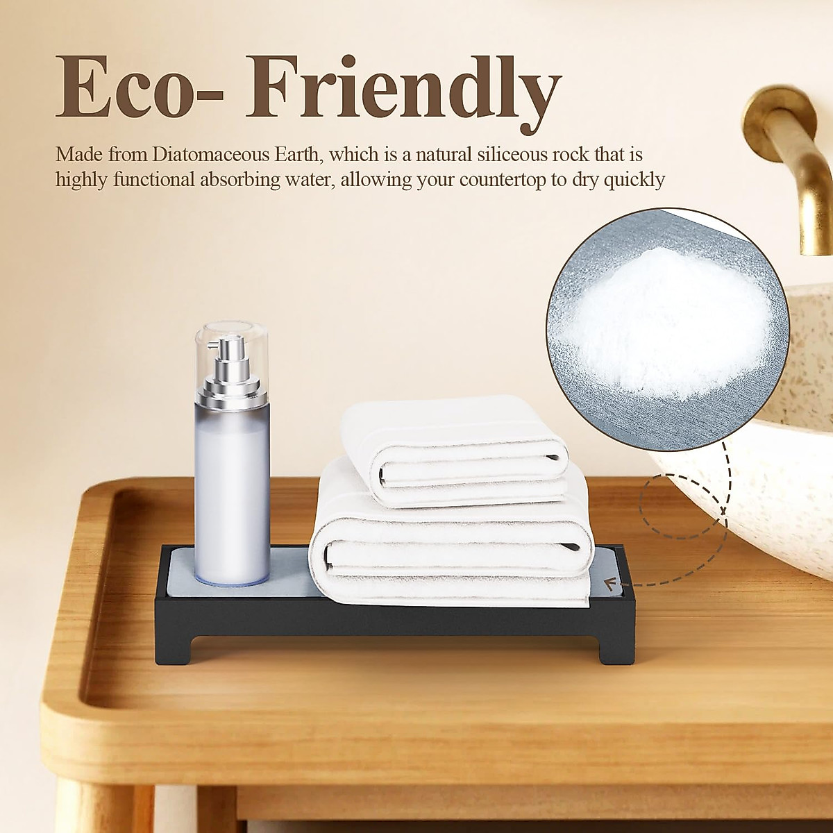 Sink Caddy, EnjoyNest Instant Dry Sink Organizer Sponge Soap Holder for Kitchen Sink Bathroom Countertop Fast Drying Rack Counter Tray Water Absorbing Stone Pedestal Stand Riser for Bottle Brush-Black