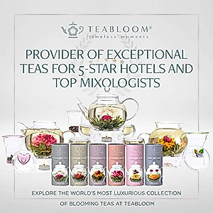 Teabloom Heart-Shaped Flowering Teas – 12 Assorted Blooming Tea Flowers – Green Tea + Jasmine, Pomegranate, Strawberry, Rose, Litchi & Peach