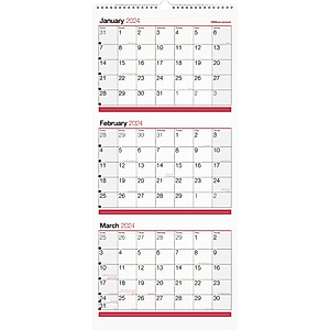 2024 Office Depot® Brand 3-Month Monthly Wall Calendar, 12" x 27", White, January to December 2024, OD303028