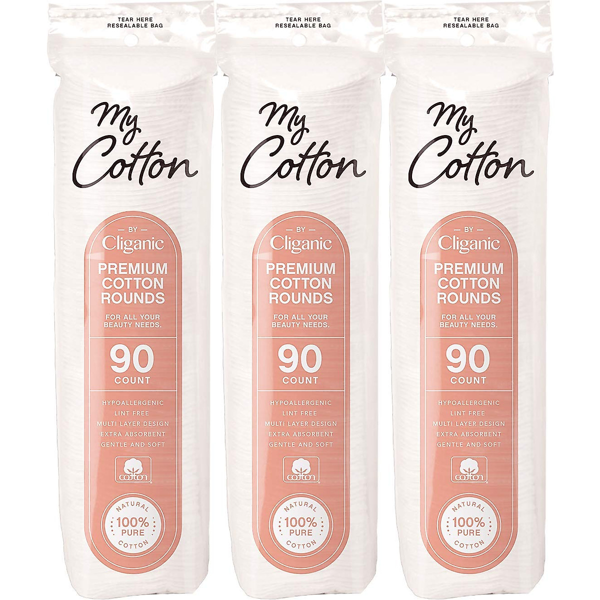 My Cotton Premium Cotton Rounds for Face (3 Pack) | Makeup Remover Pads, Hypoallergenic, Lint-Free | 100% Pure Cotton
