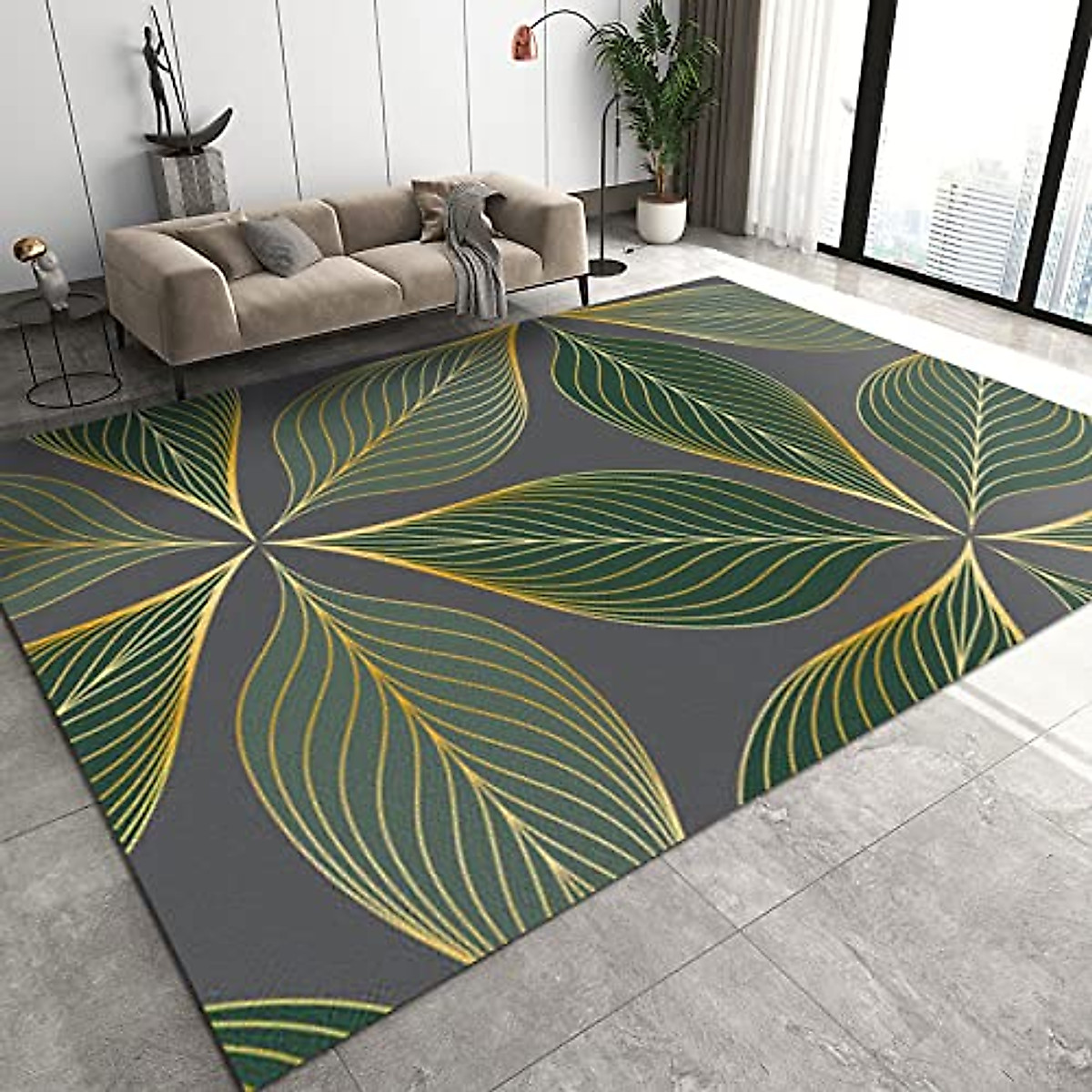 QINYUN Modern Abstract Style Area Rug, Green Gold Patterned Leaf Indoor Rug, Bedroom Rug Non Slip Easy to Clean Durable, Suitable for Farm Apartment Living Room Office-3ft×5ft