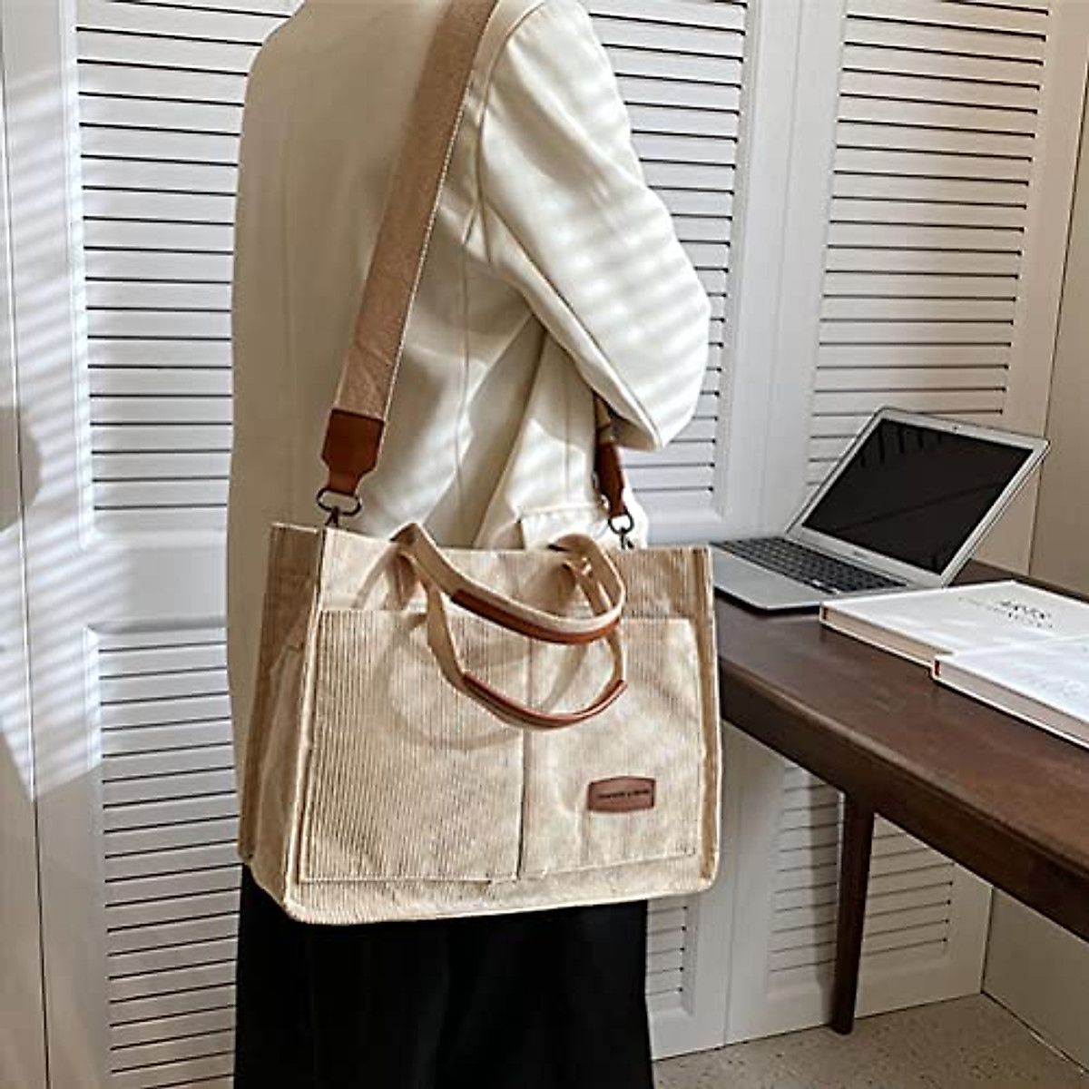 GOQUFOY Corduroy Tote Bag for Women with Zipper Pockets Beige Cross Body Purses Canvas Crossbody Work Satchel Handbags Cute Puffer Shoulder Bag School Hobo Travel Hand Bags Messenger Teen Girls Trendy