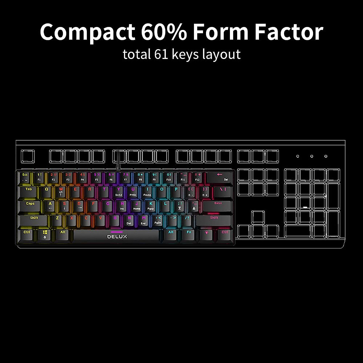 DeLUX 60% Mechanical Keyboard with Clicky Blue Switches, RGB Rainbow Backlit, 61 Keys and 21 Keys Anti-Ghosting, Wired 60 Percent Mini Gaming Keyboard for PC Computer Gamer(KM36-Black)