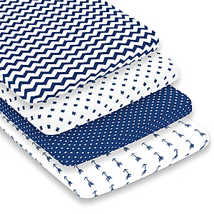 Pack n Play Sheets – Pack and Play Sheets 4 Pack – 100% Super Soft Jersey Knit Cotton Playard Mattress Sheets – Portable Playpen Sheet – Fitted Play Yard Mini Crib Sheets for Boy & Girl (24 x 38 x 5)
