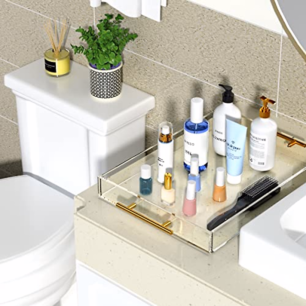 NIUBEE Clear Serving Tray 12x16 Inches -Spill Proof- Acrylic Decorative Tray Organiser for Ottoman Coffee Table Countertop with Round Handles