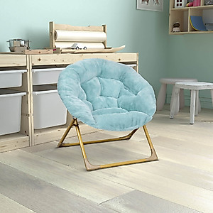 Flash Furniture Gwen Kids Cozy Mini Folding Saucer Chair - Dusty Aqua Faux Fur Moon Chair - Soft Gold Metal Frame - 23" Portable Folding Chair For Living or Bedroom