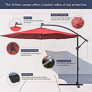 BELLEZE 10FT Patio Umbrella with Cross Base, Offset Hanging Umbrella with Tilt Crank and 8 Ribs, UV Protection Outdoor Cantilever Umbrella for Market Garden Deck Backyard Pool Beach Pool - Red