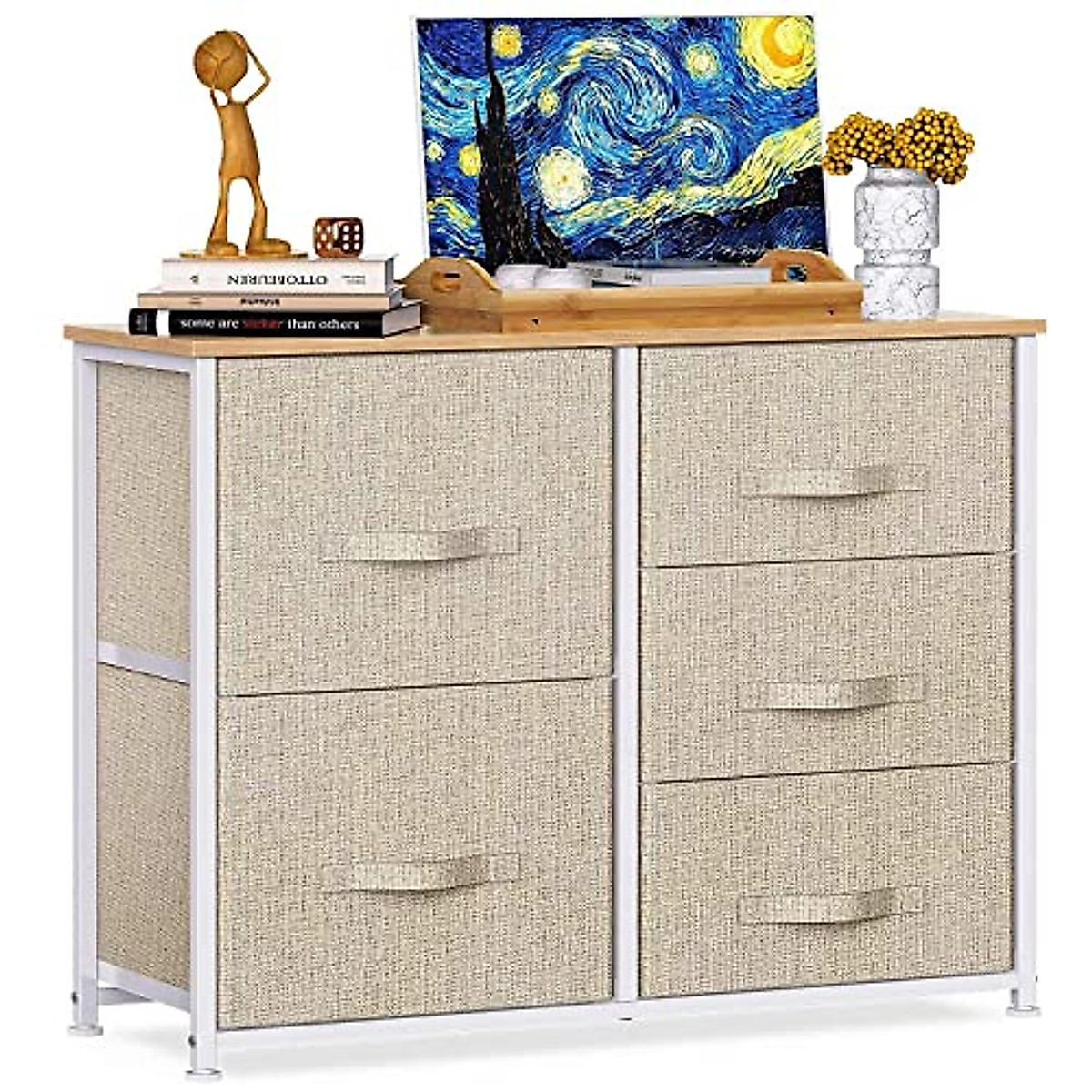 Pipishell Fabric Dresser with 5 Drawers, Wide Dresser Storage Tower, Organizer Unit with Wood Top and Easy Pull Handle for Closets, Living Room, Nursery Room, Hallway