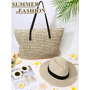 Straw Large Beach Bag for Women's Woven Beach Bag and Beach Hats Set Beach Earring Handmade Shoulder Bag Handbag Bohemia Set(Beige)