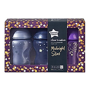 Tommee Tippee Closer to Nature Baby Bottles, Slow Flow Breast-Like Nipple with Anti-Colic Valve, 9oz, 3 Count, Midnight Skies