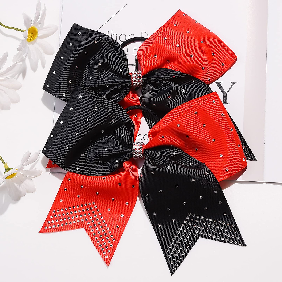 DEEKA 10 PCS Rhinestones Two Toned Large Cheer Hair Bows 7" Glitter Cheer Ponytail Holder Handmade for Teen Girls Softball Cheerleader Sports -Red/Black