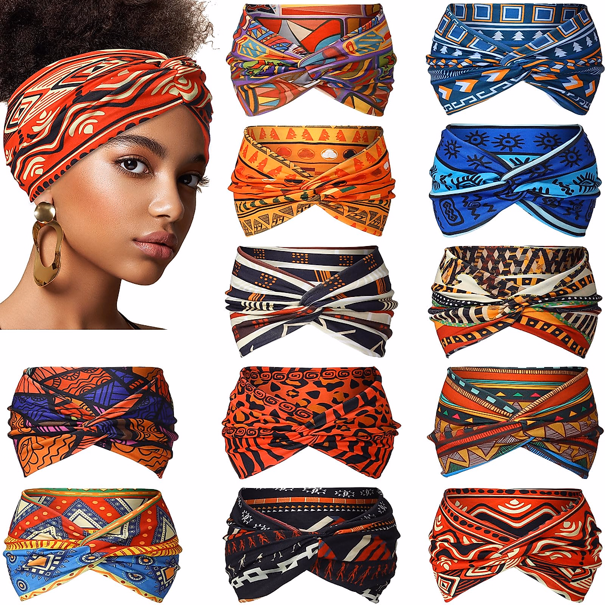 XunYee 12 Pcs Boho Yoga Twisted Knot Headbands - Assorted Wide Elastic Bandeau Hair Accessories for Women, Girls, Running, Sports