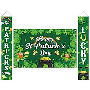 St Patricks Day Decorations, St. Patrick's Day Porch Sign Welcome Banner, Large Lucky Shamrock Clover Photography Backdrop Decor, St Patricks Day Gift for Outdoor Garden Door Parade Party Supplies