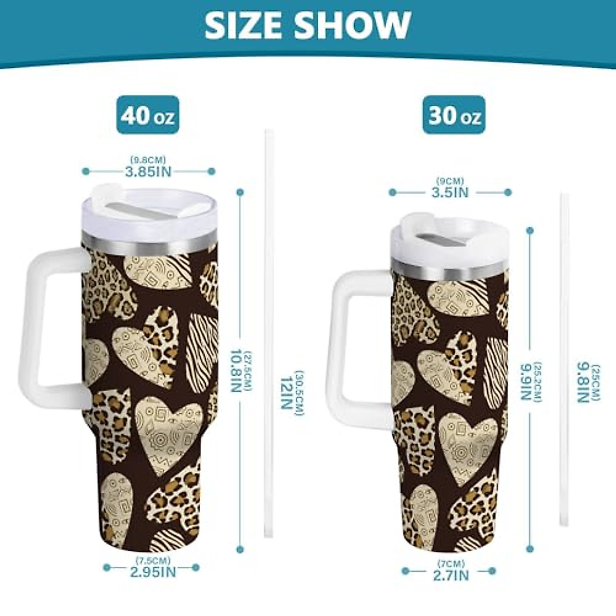 MCHIVER Hearts Animal Skin 40 oz Tumbler with Handle and Straw Stainless Steel Vacuum Water Bottle Leak-proof Travel Coffee Mug Insulated Tumbler for Home Car Office