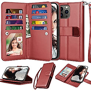 NJJEX Wallet Case for iPhone 14 Pro 6.1" 2022, for iPhone 14 Pro Case, [9 Card Slots] PU Leather ID Credit Holder Folio Flip [Detachable] Kickstand Magnetic Phone Cover & Lanyard [Wine Red]