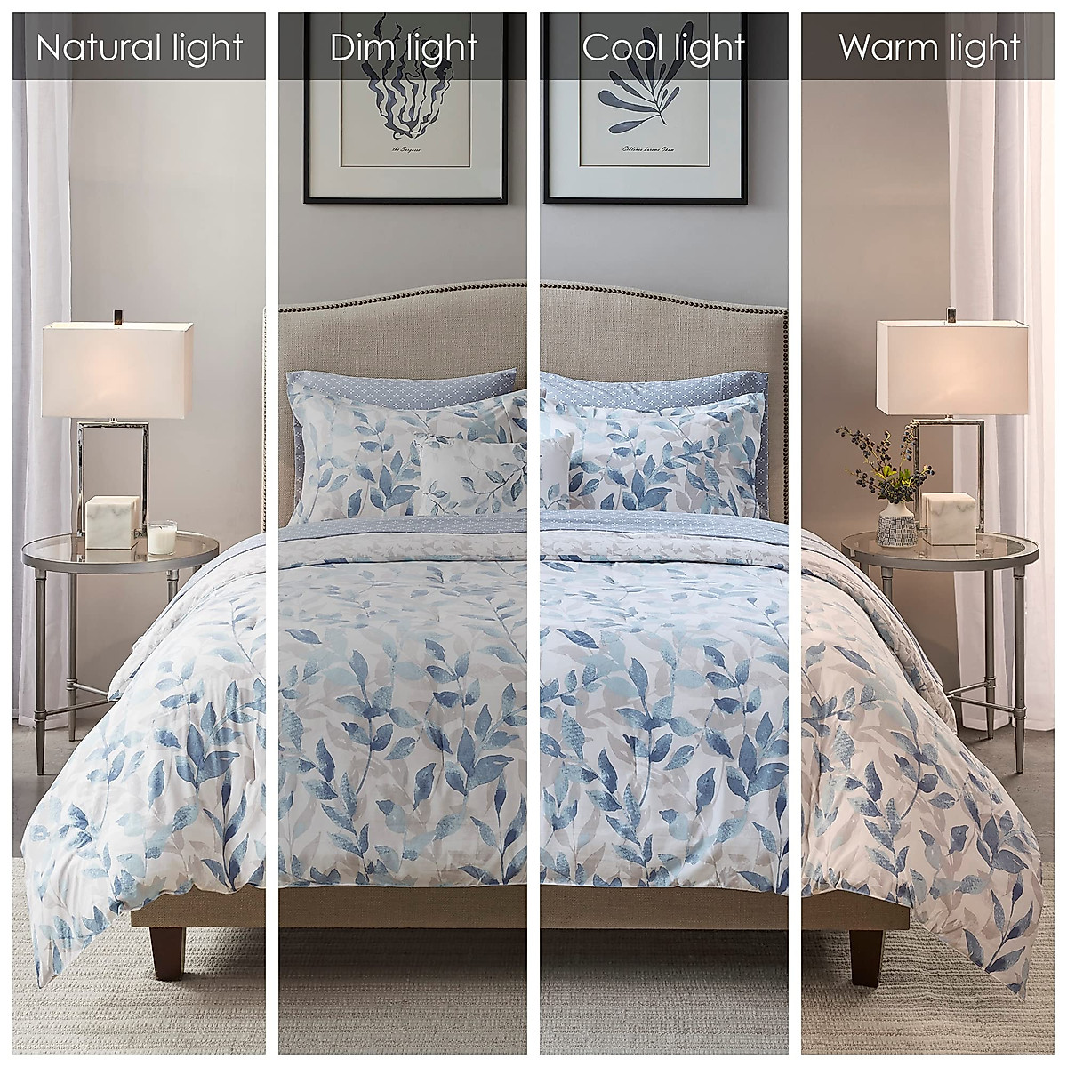 Madison Park Essentials Cozy Bed in a Bag Reversible Comforter with Complete Sheet Set - Modern Botanical Print All Season Cover, Shams, Decorative Pillow, King(104"x92"), Blue 8 Piece