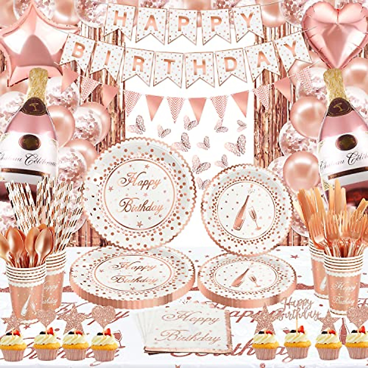 265 PCS White Rose Gold Party Supplies Rose Gold & White Party Decorations Girls Birthday Decorations Dinnerware Set Rose Gold Birthday Plates Cup Napkin Banner Tablecloth Balloon garland kit Serve 20