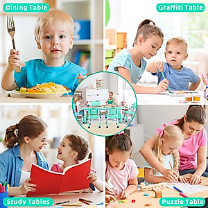 Arlopu Kids Table and 6 Chairs Set, Height Adjustable Graffiti Table, Preschool Activity Art Craft Table, for Daycare Classroom Home Boys and Girls Age 3-12 (Light Green)