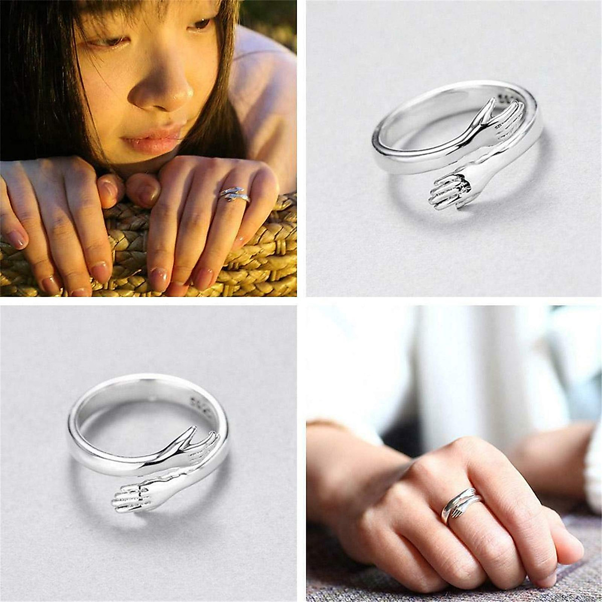 SUNTIRC Ring Silver Heart Love Hug Hands One Size Adjustable Ring Jewelry (1pc)