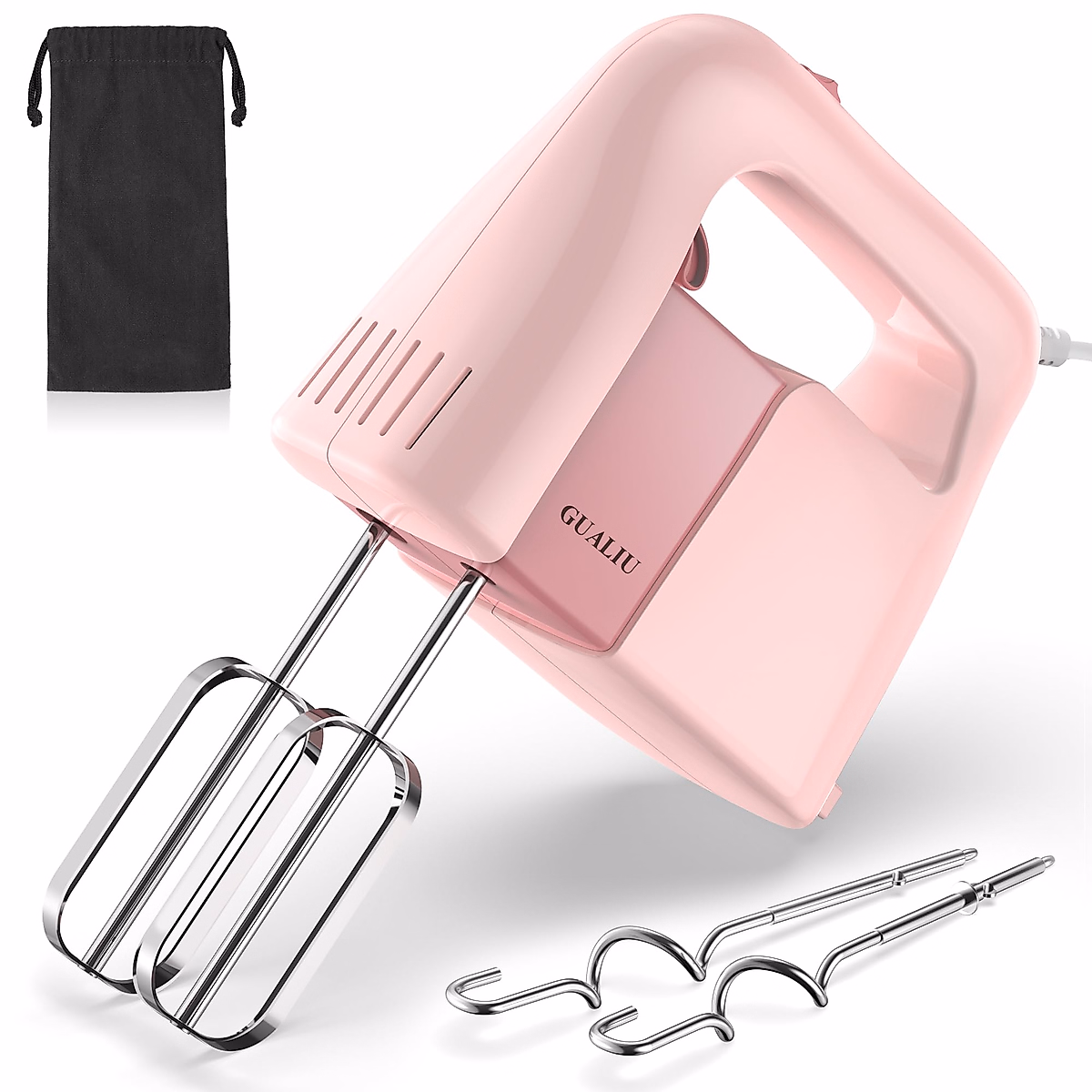 GUALIU 450W Electric Hand Mixer, 5-Speed Electric Mixer Food Mixer with 304 Stainless Steel Whisk Beaters, Dough Hooks & Storage Bag, Cake Mixer Handheld Mixer for Baking & Cooking, Turbo Boost/Pink