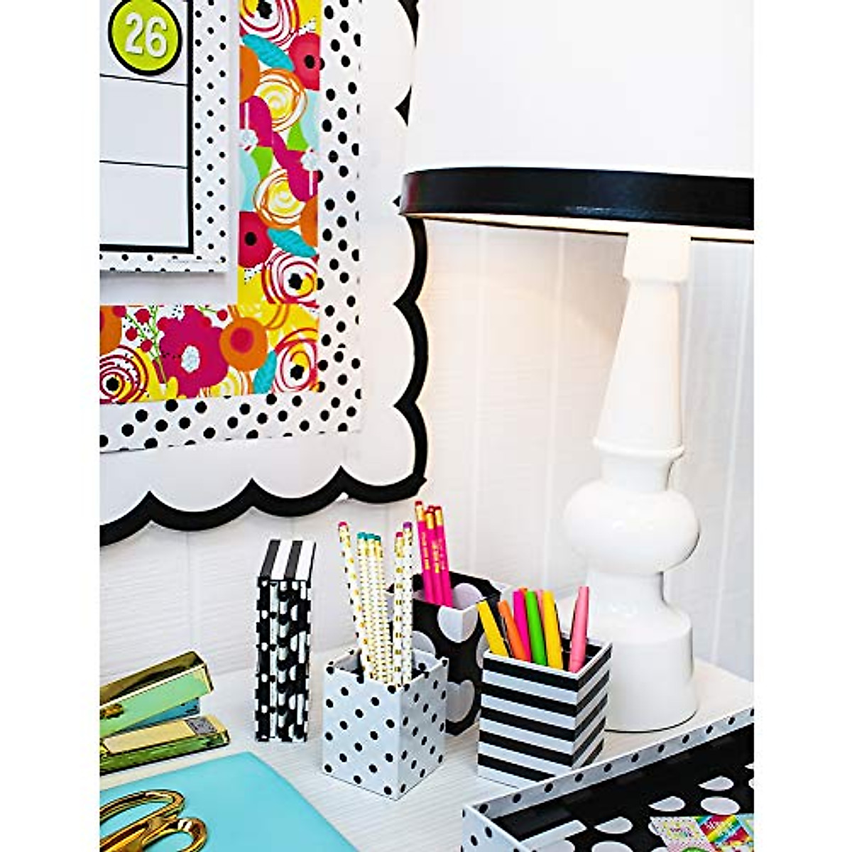 Schoolgirl Style Simply Stylish 3-Piece Polka Dot Pencil Cup Holder Set, Assorted Black and White Pencil Cup Holders, Classroom Supplies Organizer for Desk Organization, Black & White Classroom Décor