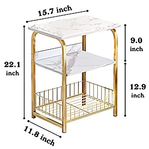 Garden 4 you End Table Side Table 3 Tiers White Marble Nightstand Industrial Retro Storage Shelf for Living Room Bedroom Kitchen Family and Office,Stable Wood and Metal Frame