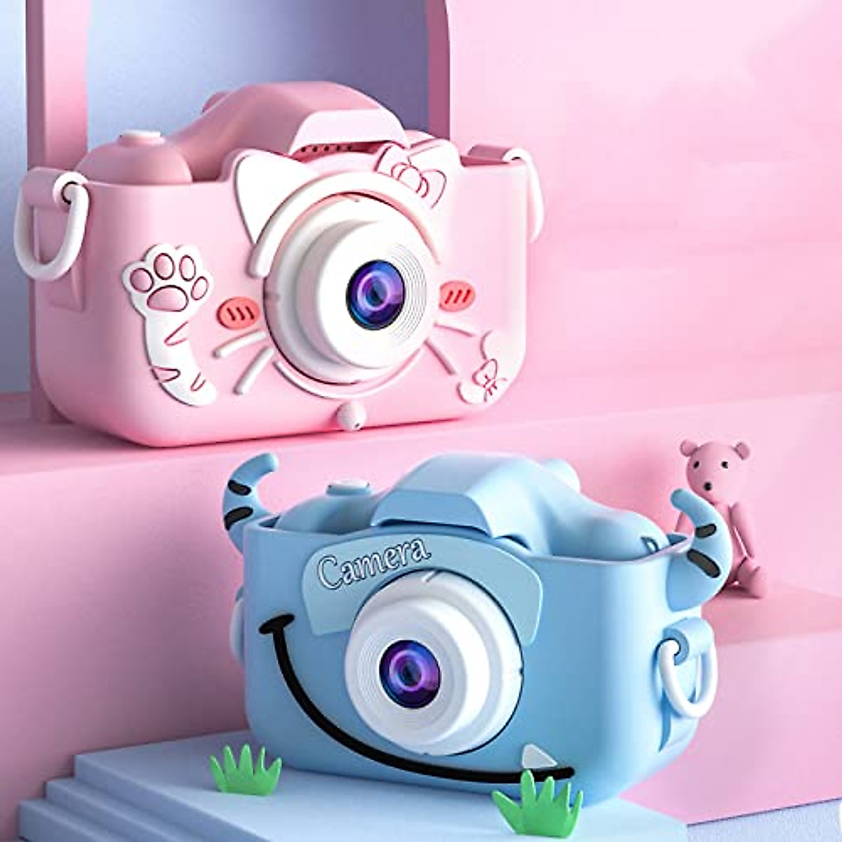 SLSFJLKJ Kids Camera with Silicone Case, Video Camera for Children with Fun Games, Kids Digital Camera with Special Effects, Rechargeable Battery, Ideal for Boys and Girls (Blue Cow Bare Metal)