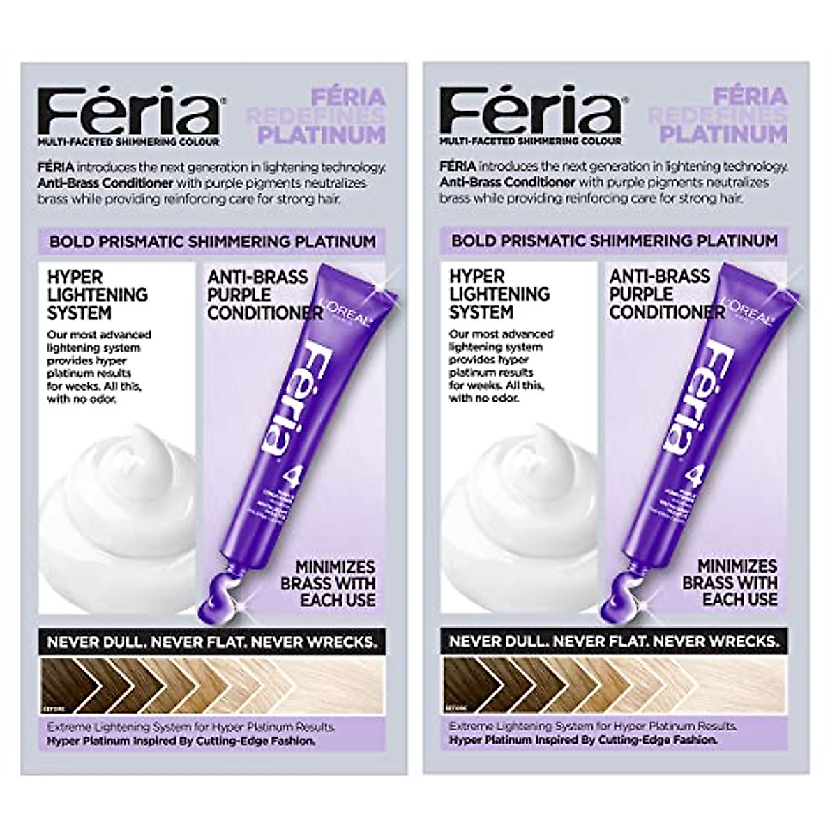 L’Oreal Paris Feria Hyper Platinum Hair Bleach, Lifts Up To 8 Levels, Includes Anti Brass Purple Conditioner, Hyper Platinum Blonde Hair Dye Kit, Pack of 2