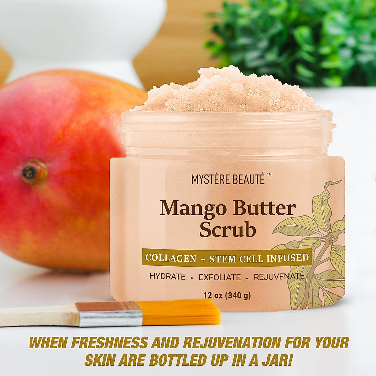 Mango Butter Body Scrub with Collagen and Stem Cells 12 oz - Exfoliating Salt Scrub for Cellulite - Deep Cleansing for Acne, Scars, Wrinkles - Moisturizes Skin