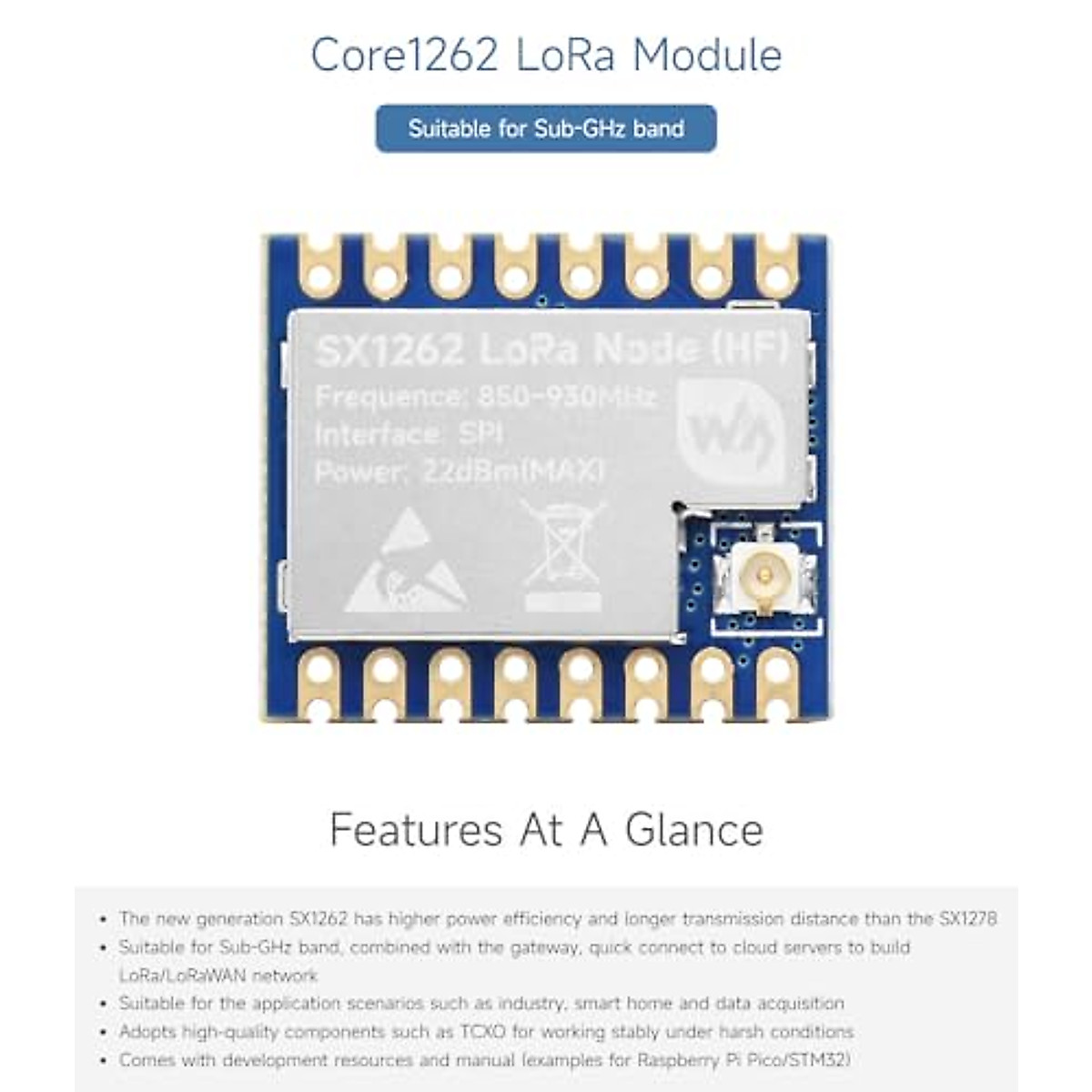 Waveshare Core1262 HF LoRa Module, SX1262 Chip, Meshtastic Devices,Long-Range Communication, Anti-Interference, Suitable for Sub-GHz Band