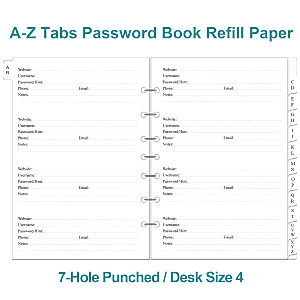 Password Book Refills - A-Z Password Notebook Refill Paper with Alphabetical Tabs, 120gsm White Paper, 7-Hole/Desk Size 4, 5.8" x 8.3"