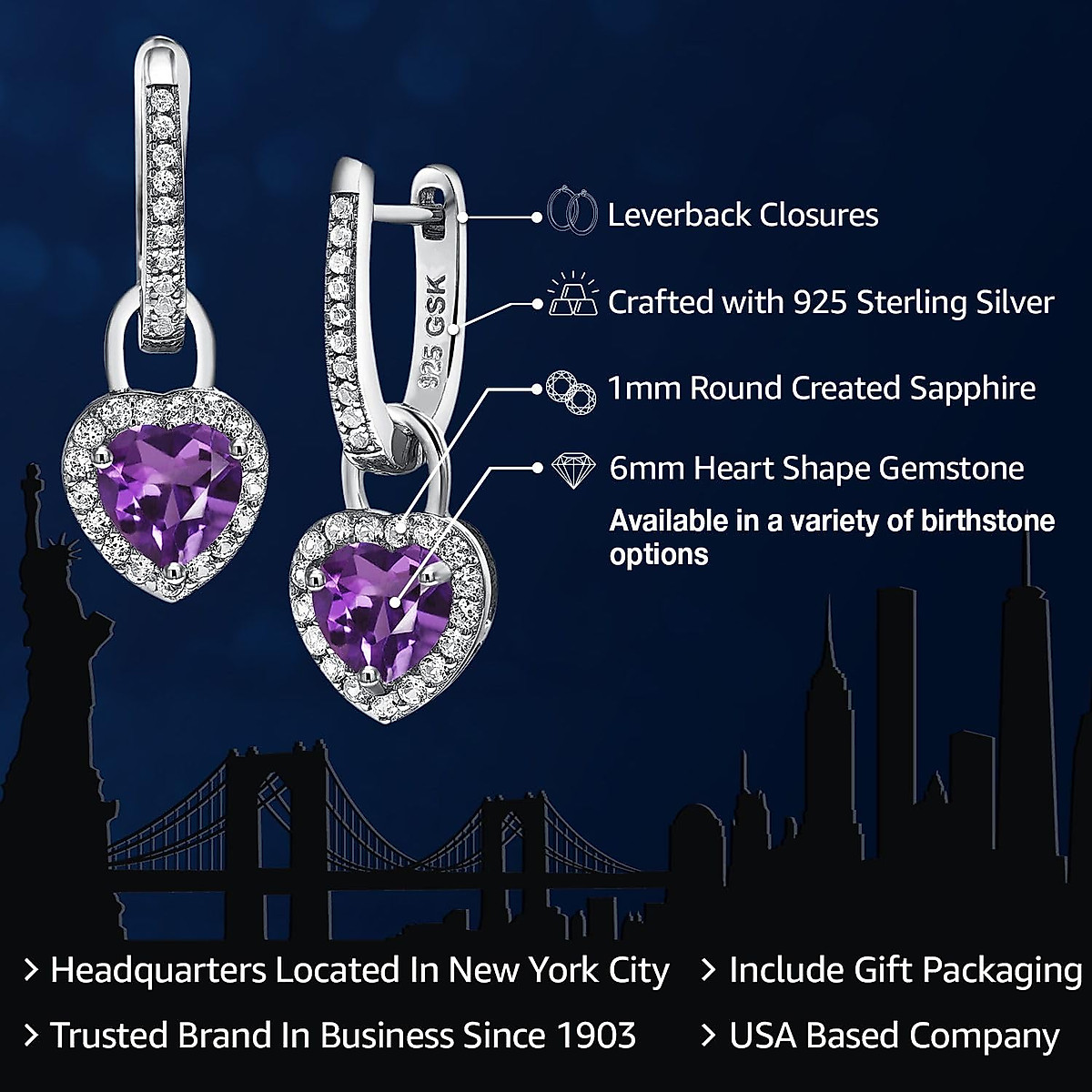 Gem Stone King 925 Sterling Silver Heart Gemstone Birthstone and White Created Sapphire Earrings | Heart Shape 6MM | Drop Dangle Earrings for Women