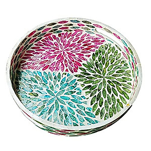 i-lan 16 Inch Mother of Pearl Inlay Round Tray, Gorgeous Shell Wooden Decorative Serving Tray with Handles and 2 Inch Wall, Circle Lacquer Ottoman Tray for Coffee Table, Vanity, Countertop