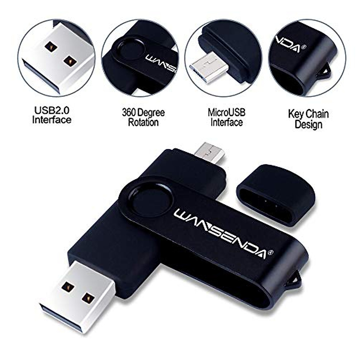 WANSENDA OTG Micro USB Flash Drive 16GB 32GB 64GB 128GB 256GB Dual USB Stick for Android Devices/PC/Tablet/Mac (64GB, Black)