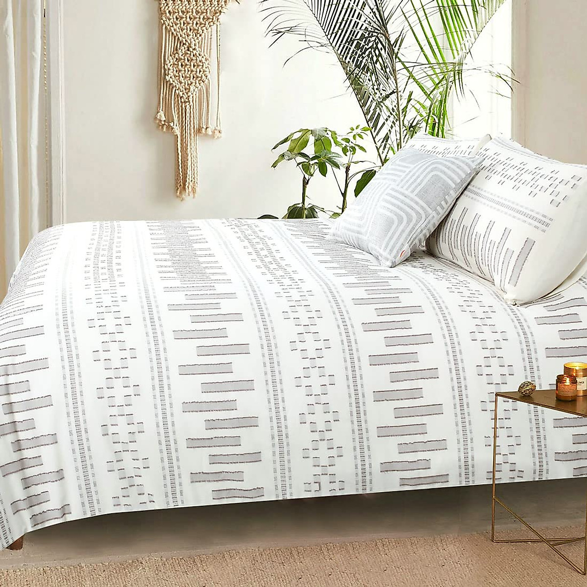 YINFUNG Boho Duvet Cover Queen Ivory Grey Tufted Textured Farmhouse Modern Cream Clipped Jacquard Geometric Ethnic Yarn Dyed Moroccan Mid Century Aztec 90x90 Bedding