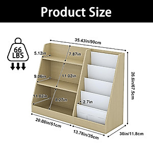 Arbuxzuy Kids Bookshelf and Toy Storage, 3 Tier Wooden Kids Bookcase with Storage, Floor-to-Ceiling Baby Book Organizer with Sling, Children Book Rack for Playroom, Classroom, Nursery, Natural